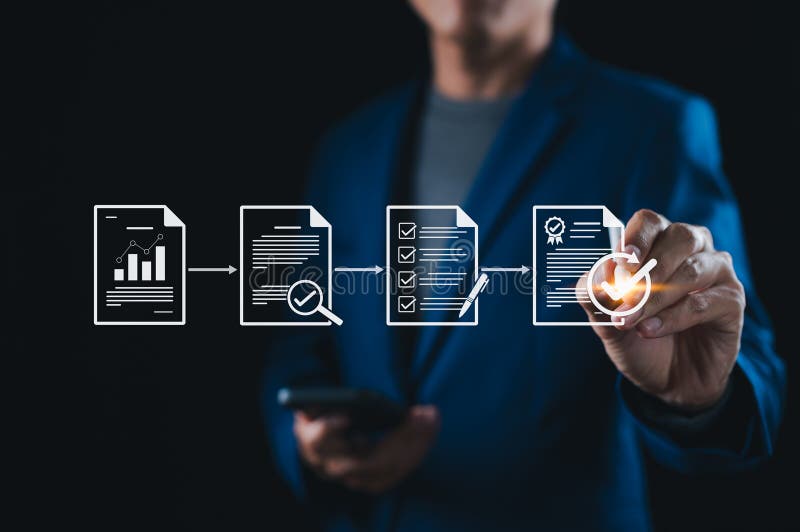 Document Review and Quality Control Process. Businessman Interacts with Document Review and ...