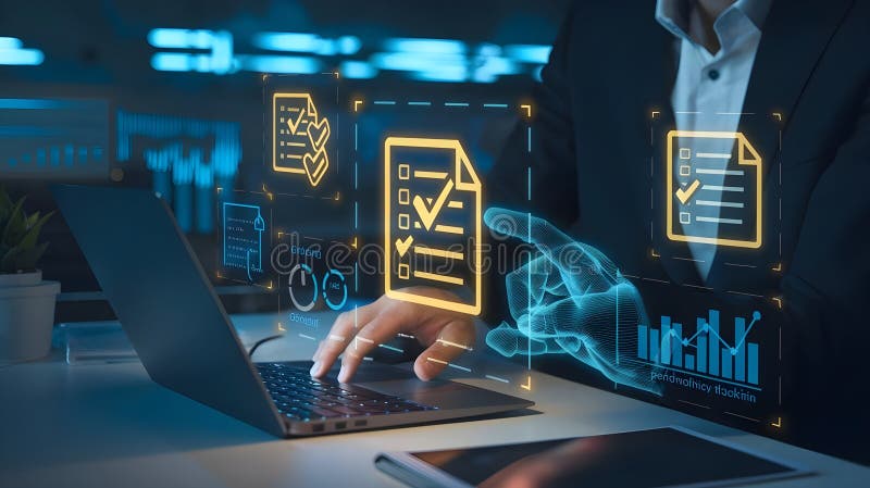 Document Review and Quality Control Process. Businessman Using Laptop ...