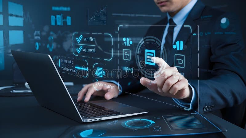 Document Review and Quality Control Process. Businessman Using Laptop ...