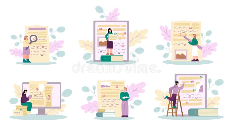 Document Revision and Grammar Editor Set, Cartoon Vector Illustration ...