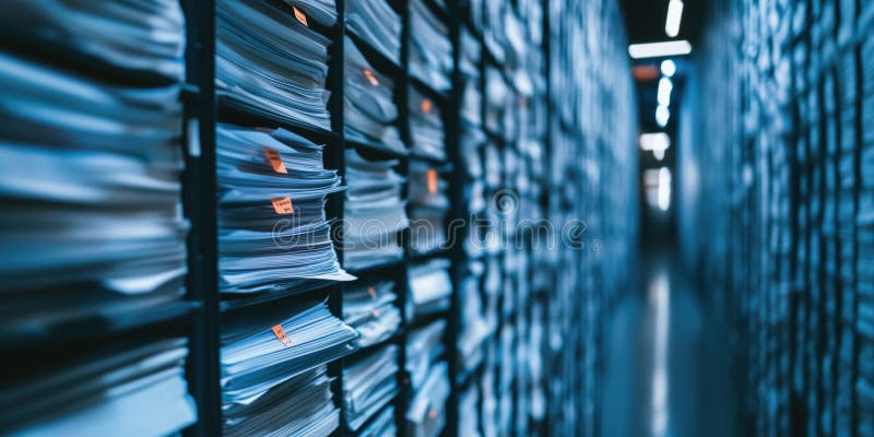 Document Storage System, Rows of Organized Files, Labeled Papers, Dimly ...