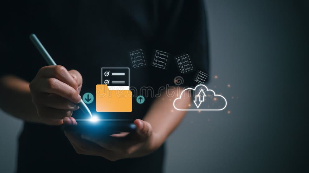 Document Transferring Concept. Women Use Smartphones To Upload ...