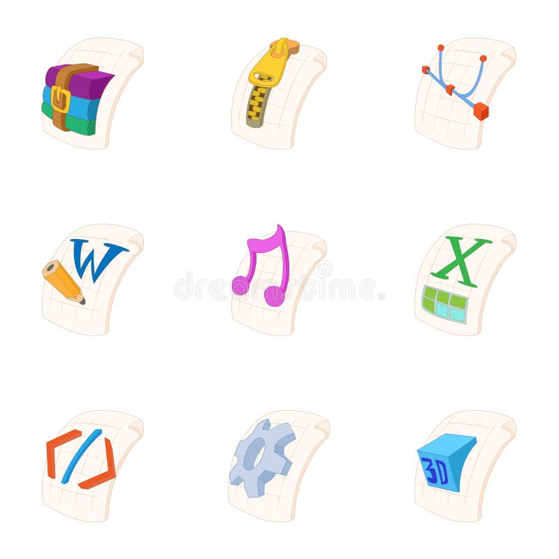 Document Types Icons Set, Cartoon Style Stock Vector - Illustration of ...