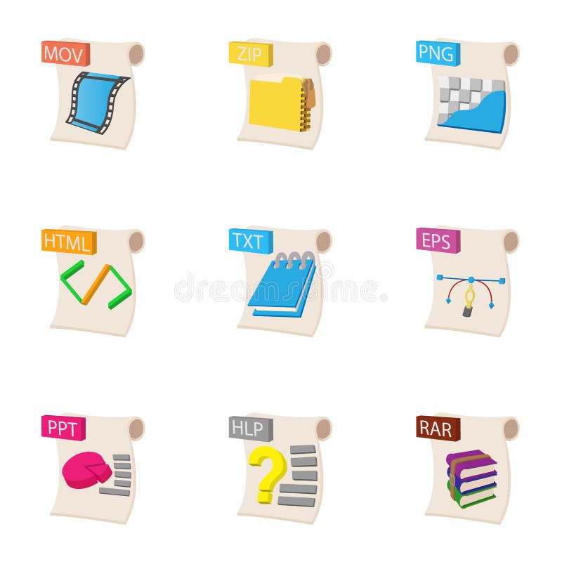 Document Types Icons Set, Cartoon Style Stock Vector - Illustration of ...
