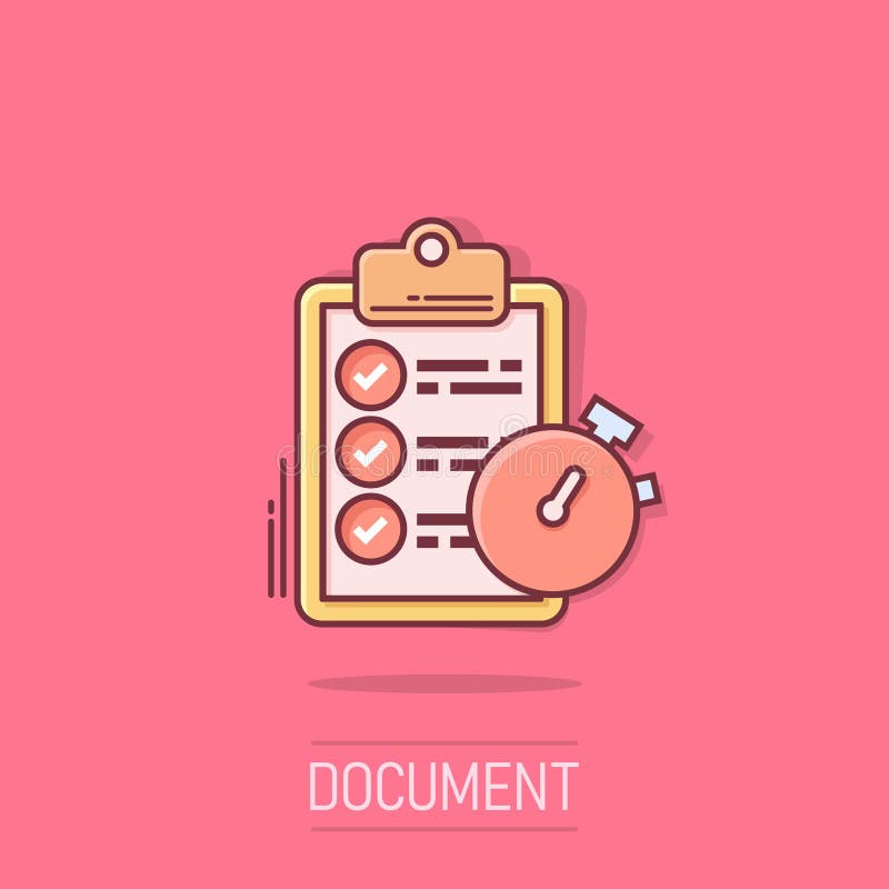 Document Witch Clock Icon in Comic Style. Checklist Survey Cartoon ...