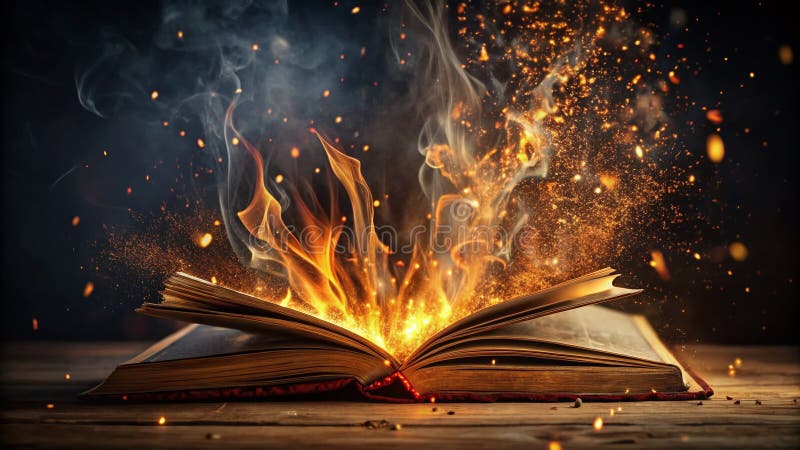 A DocumentaryStyle Photo of Mystical Book Burning Magic Sparks and ...