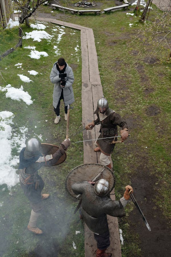 Documenting Medieval Reenactment with Camera Outdoors Stock Image ...