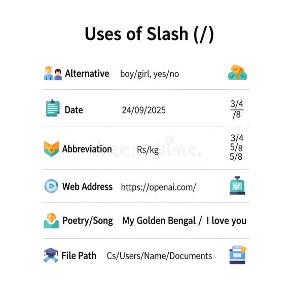 Educational Infographic: Slash ( ) Symbol Examples and Functions Stock ...