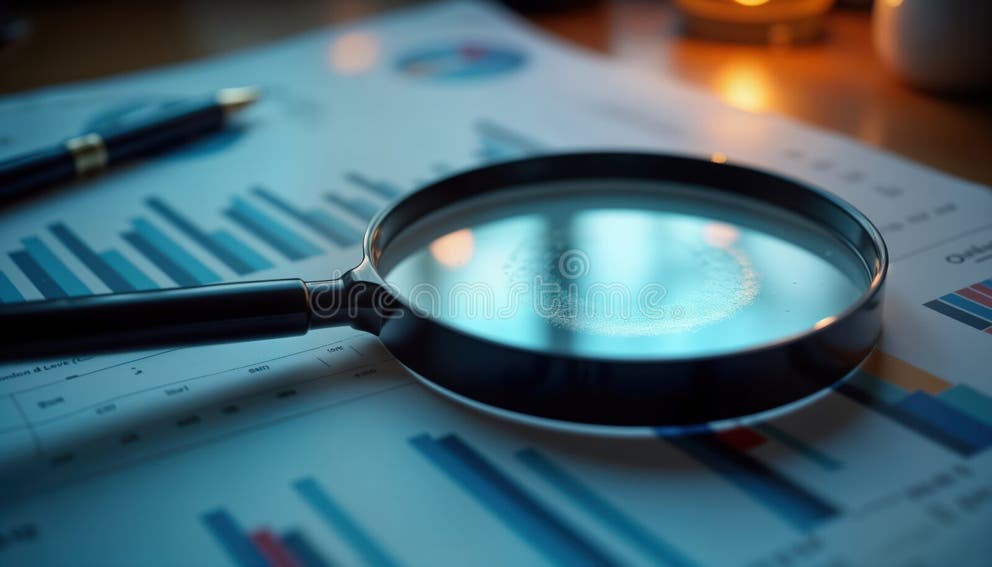 Documents with Analytics Data, Magnifying Glass on Table. Research ...