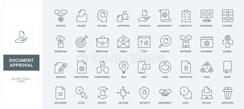 Documents Approval Line Icons Set, System Stamps To Release, Update and ...