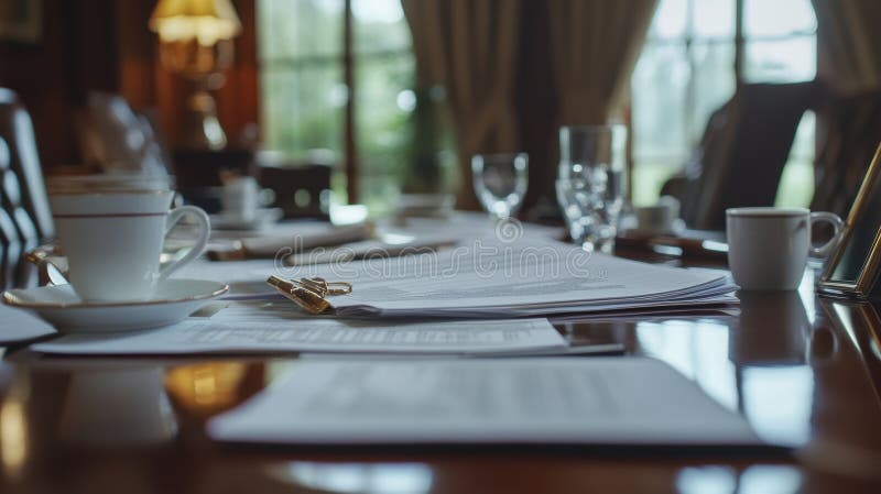 Documents and Coffee Cups Resting on Polished Conference Table Stock ...