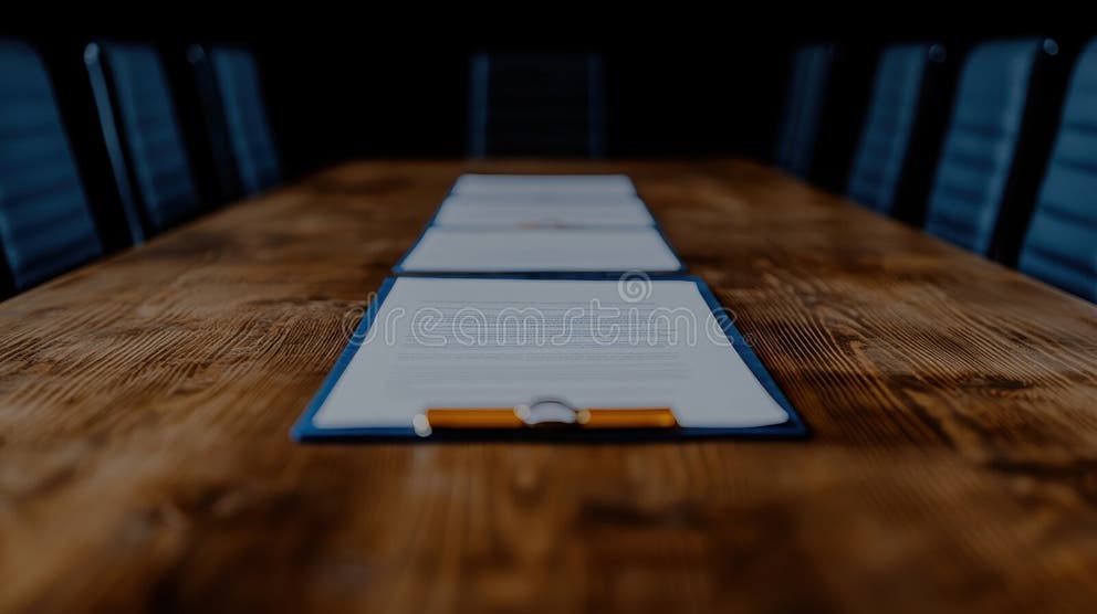 Documents on Conference Table in Dark Meeting Room with Empty Chairs ...