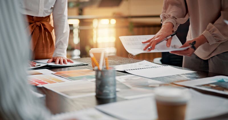 Documents, Design Team and Hands of Business People in Meeting for ...
