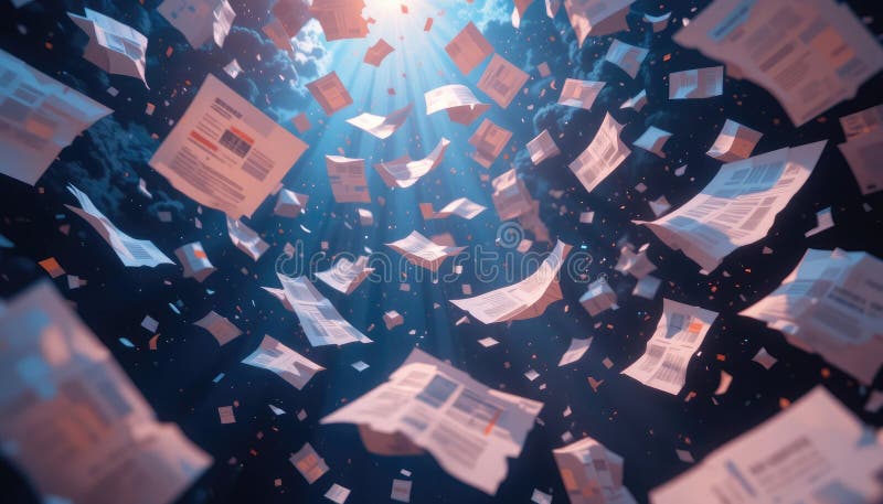 Documents Flying in Air with Light Rays Shining through Dark Background ...