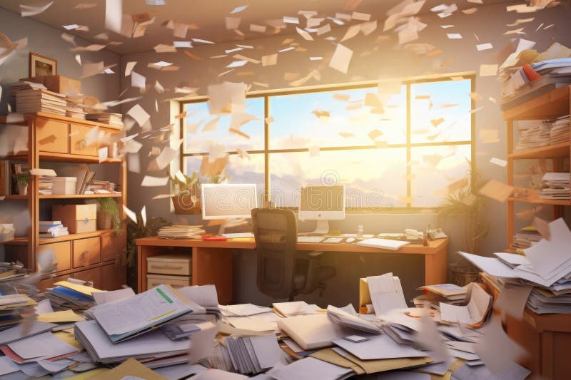 Documents Flying Over Workplace. Clutter in Office. Generative AI Stock ...