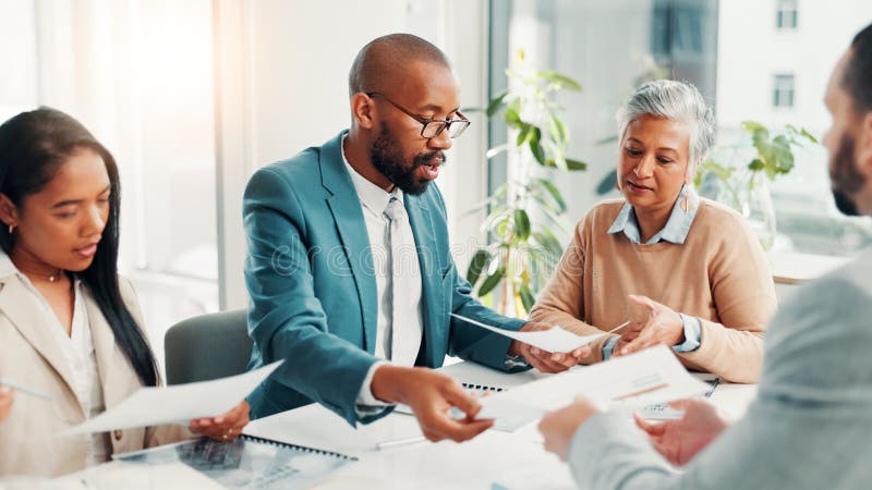 Documents, Interview and Resume with Business People in Boardroom of ...