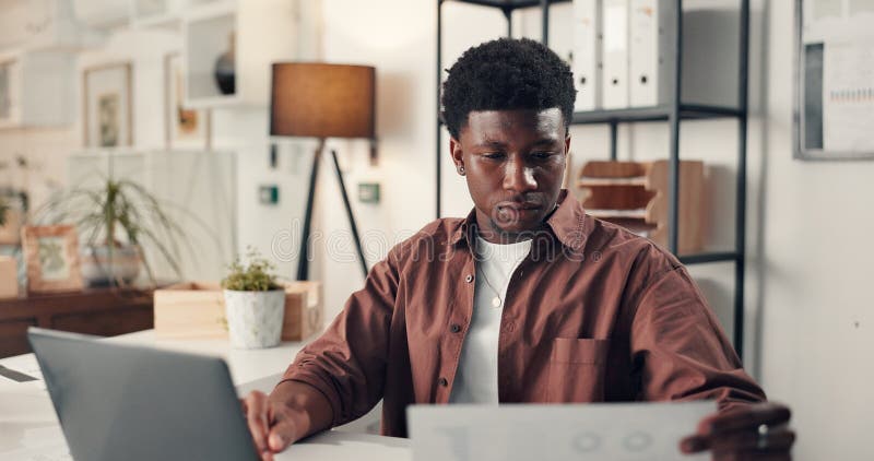 Documents, Laptop or Black Man Reading in Office for Review, Platform ...