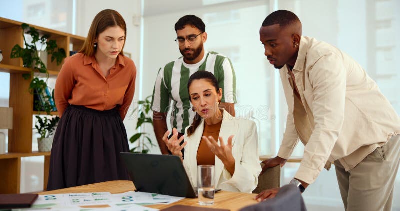 Documents, Laptop and Problem Solving with Business People in Office ...