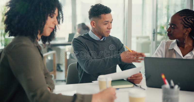 Documents, Meeting and Laptop with Business People in Boardroom of ...