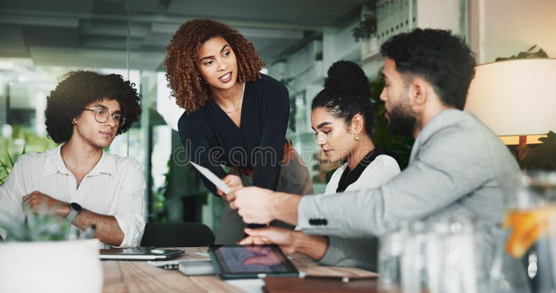 Documents, Meeting and Tablet with Business People in Office Together ...