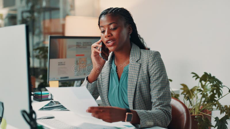 Documents, Phone Call and Proofreading with Business Black Woman in ...