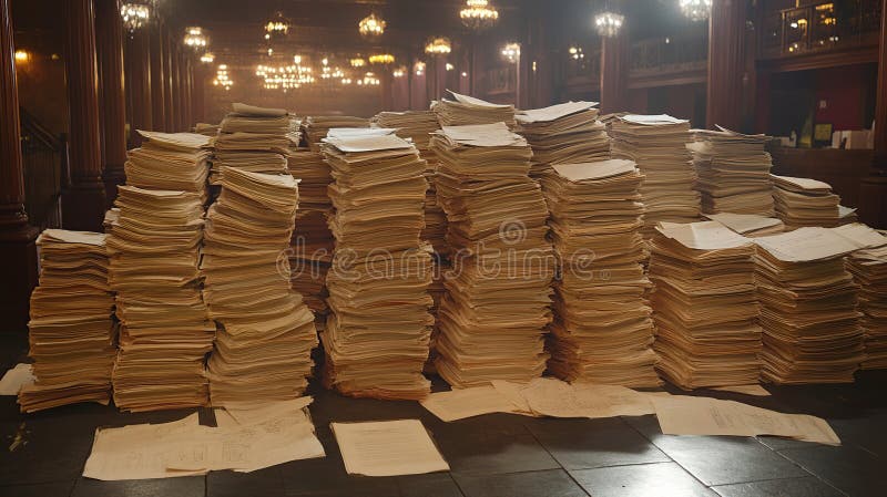 Documents Piled High in Grand Hall, Paperwork Overflowing, Background ...