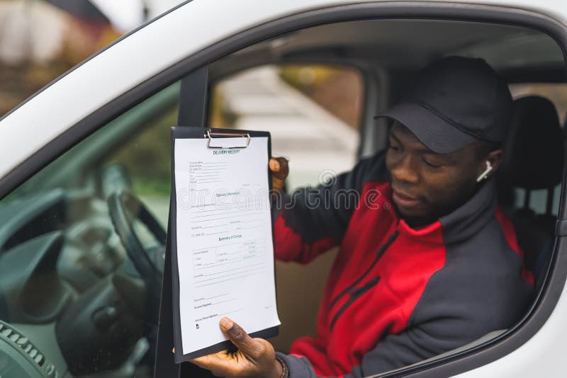 Documents Printed on White Paper. Professional Black Courier Man in Red ...