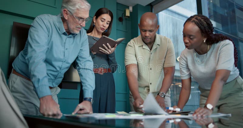 Documents, Project Management and Strategy with Business People in Office for Problem Solving ...