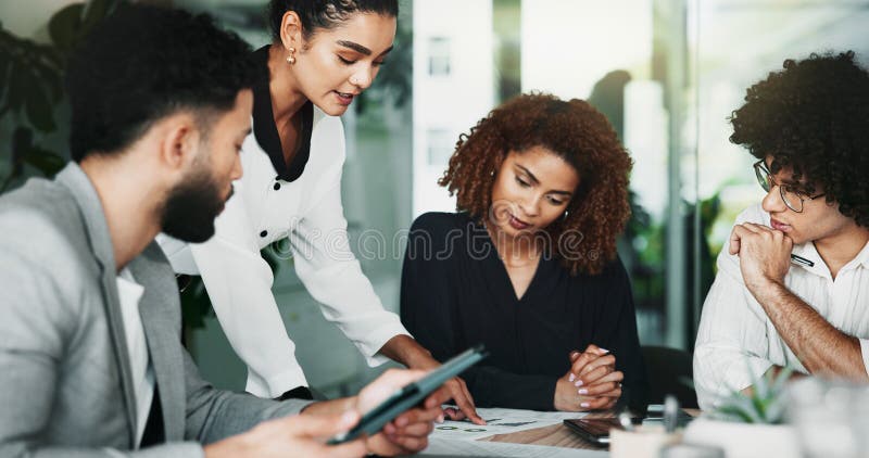 Documents, Project Management and Tablet with Business People in Office ...