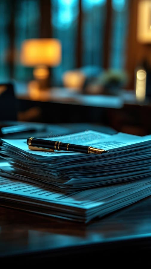 Documents Stack with Pen on Top. Papers Filled with Text, Details. Risk ...