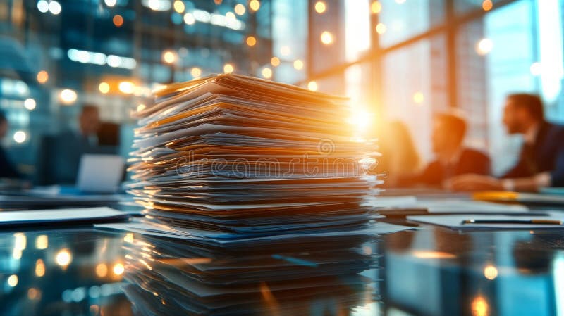 Documents Stacked on Glass Table in Modern Office with Colleagues ...