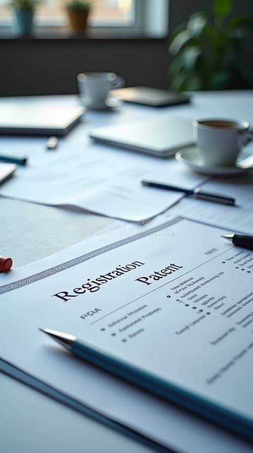 Documents on Table for Patent Registration in a Modern Office Setting ...