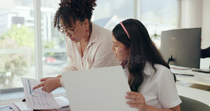 Documents, Teamwork and Business Women with Chart Working on Project ...