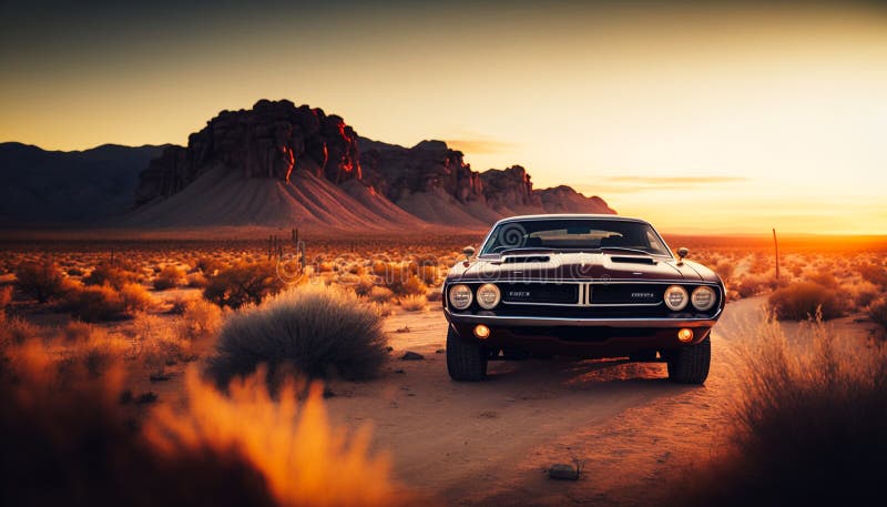 Dodge Challenger 1970 Muscle Car in the Desert, Generative AI Stock ...