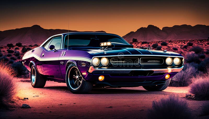Dodge Challenger 1970 Muscle Car in the Desert, Generative AI Stock ...