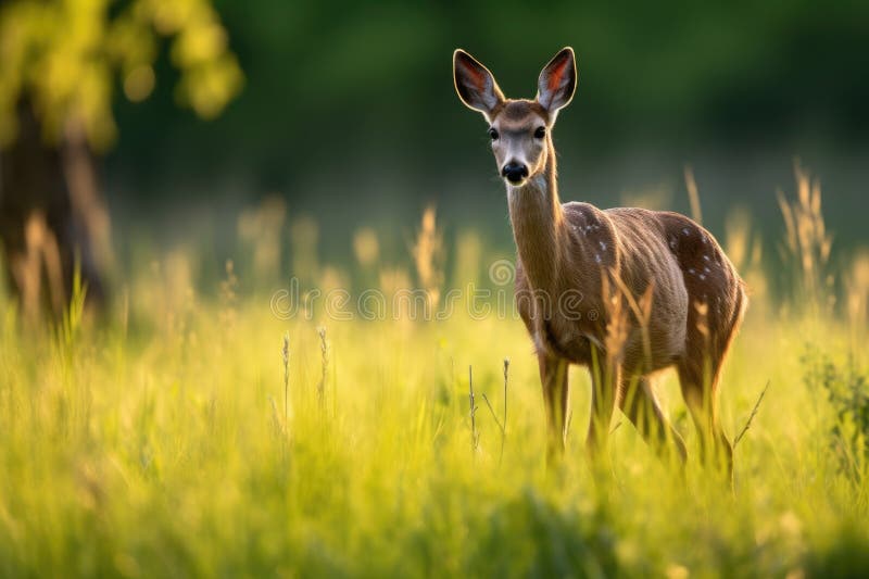 A Doe Grazing on Green Grass in a Meadow Stock Photo - Image of ...