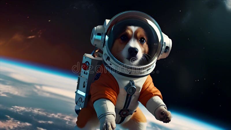 Dog Astronaut Flying in Open Space with Earth in the Background. Stock ...