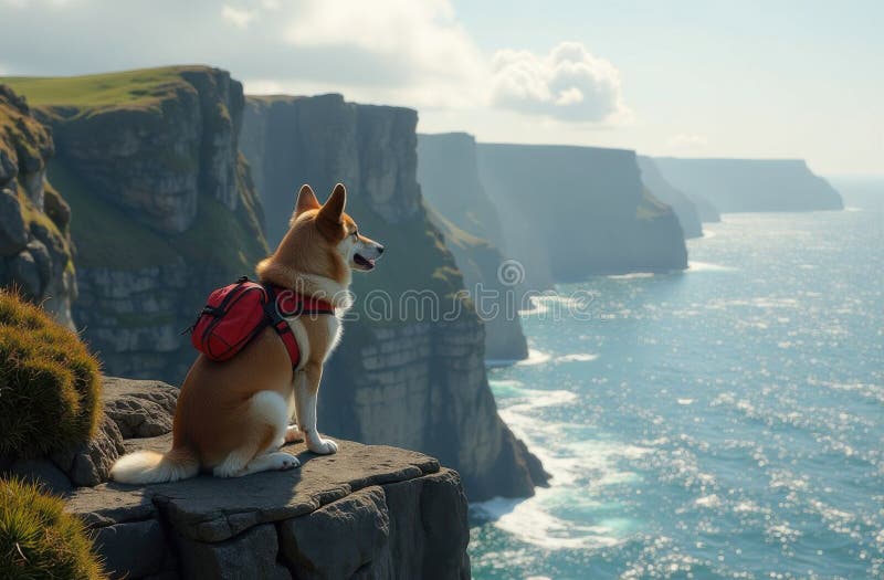 Dog with Backpack Enjoying View of Cliffs and Ocean Stock Image - Image ...