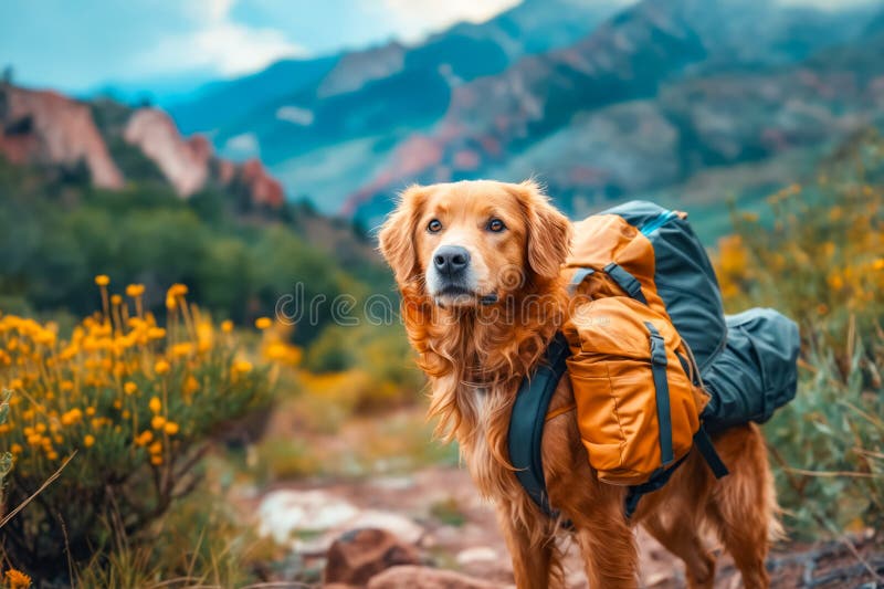 A Dog with a Backpack Standing on a Rocky Trail. Generative AI Stock ...