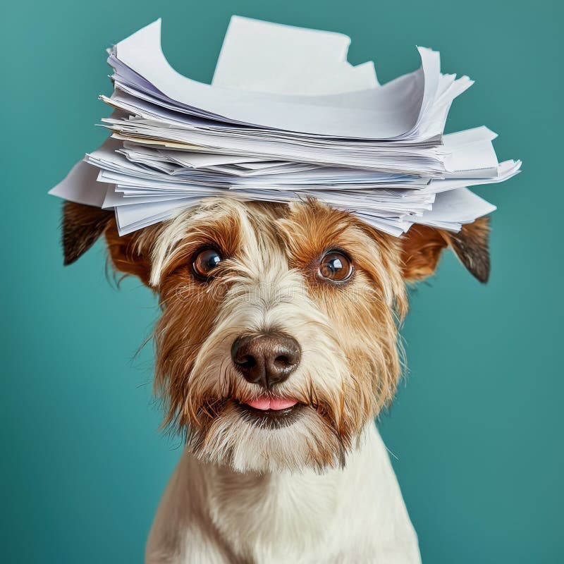 Dog Balancing a Stack of Papers on Its Head in a Home Office Setting ...