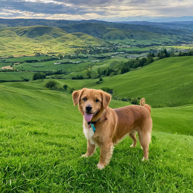 A Dog with Bangs Standing on a Scenic Hillside with a Panoramic View of ...
