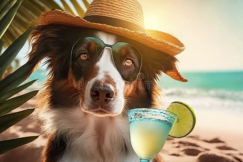 Dog on the Beach with a Cocktail. Stock Photo - Image of shore ...