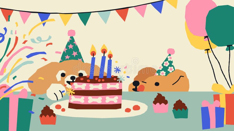 Cartoon Character Dogs Birthday Party, Cake, Ballon and Cupcake Stock ...