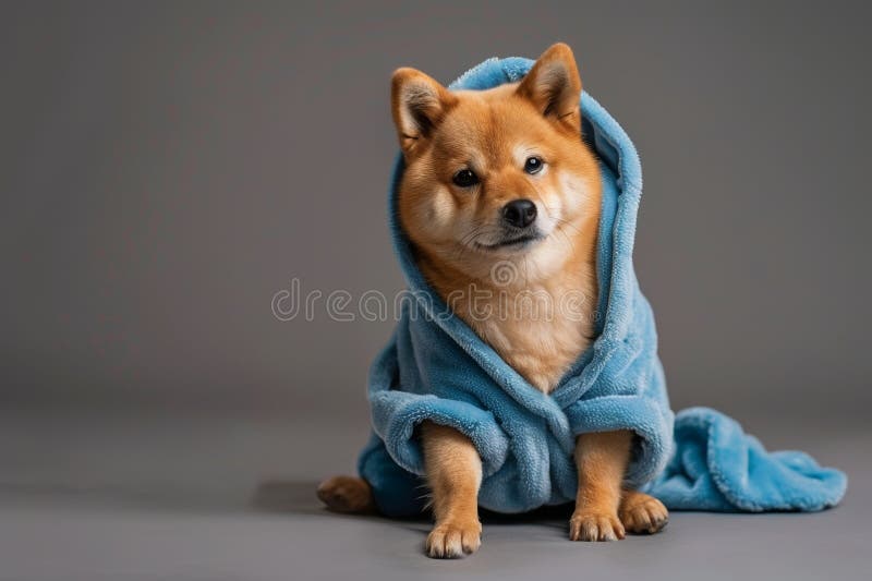 Dog in Blue Robe Sitting on Gray Background. Stock Image - Image of ...