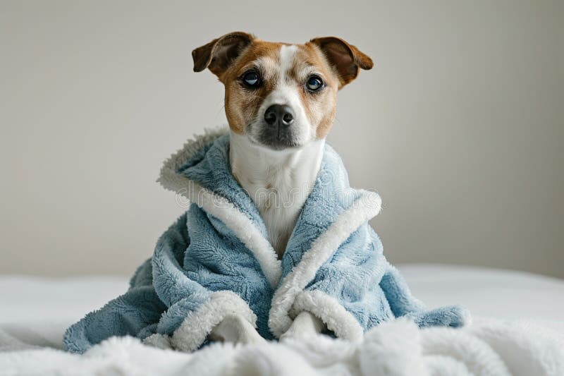 Dog in Blue Robe Sitting on Gray Background. Stock Photo - Image of ...