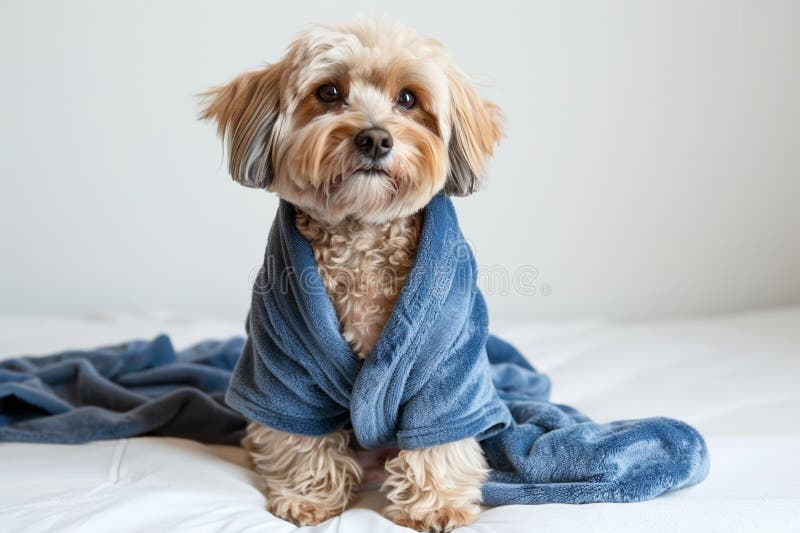 Dog in Blue Robe Sitting on Gray Background. Stock Photo - Image of ...