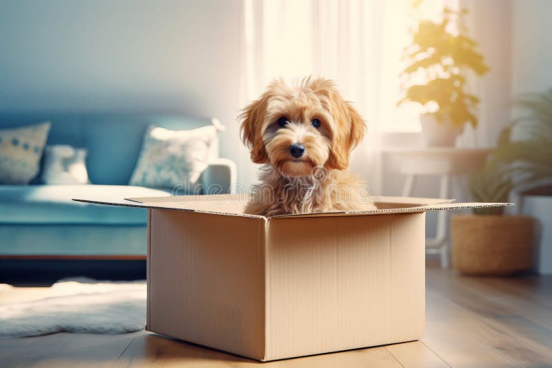 Dog in a Box. the Concept of Relocation with Pets. Stock Image - Image ...