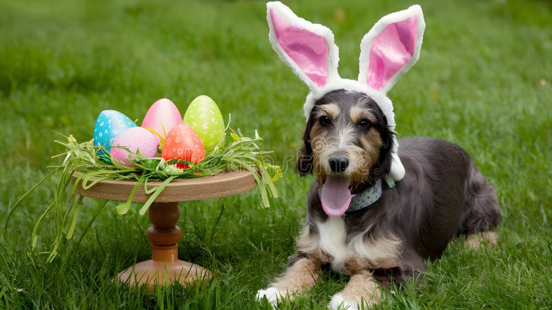 Dog with Bunny Ears Sits Near Easter Holiday Table Stock Illustration ...