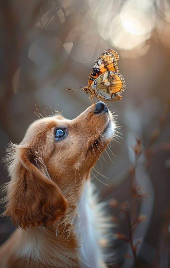 The Dog and the Butterfly. the Butterfly Sits on the Dog S Nose Stock ...