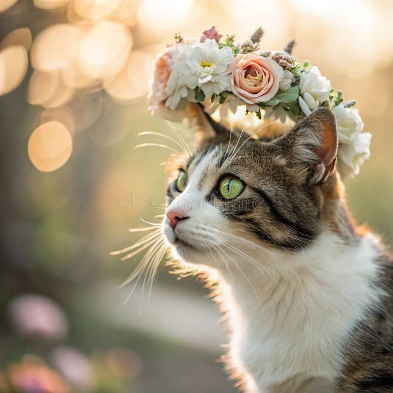 Cat with a Flower Crown on Its Head. the Cat Has a Green Eyes and ...